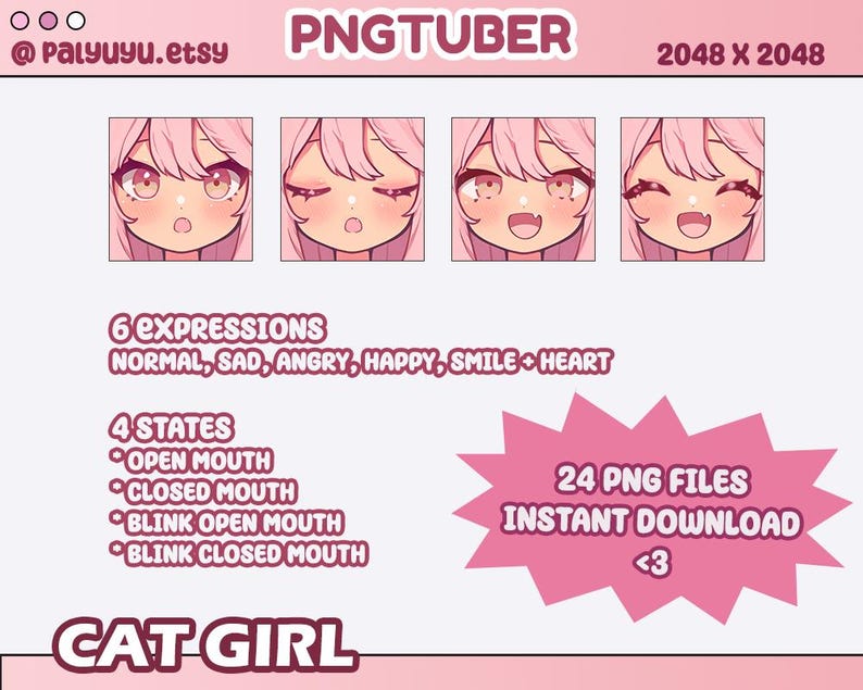 Cute Cat Girl Pngtuber | Chibi Kawaii | Pink Hair | Ready to Use ...