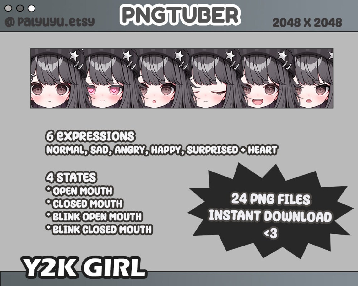 Y2K Emo Pngtuber | Bundle | Black Hair Girl Vtuber | Emotes | Ready to ...