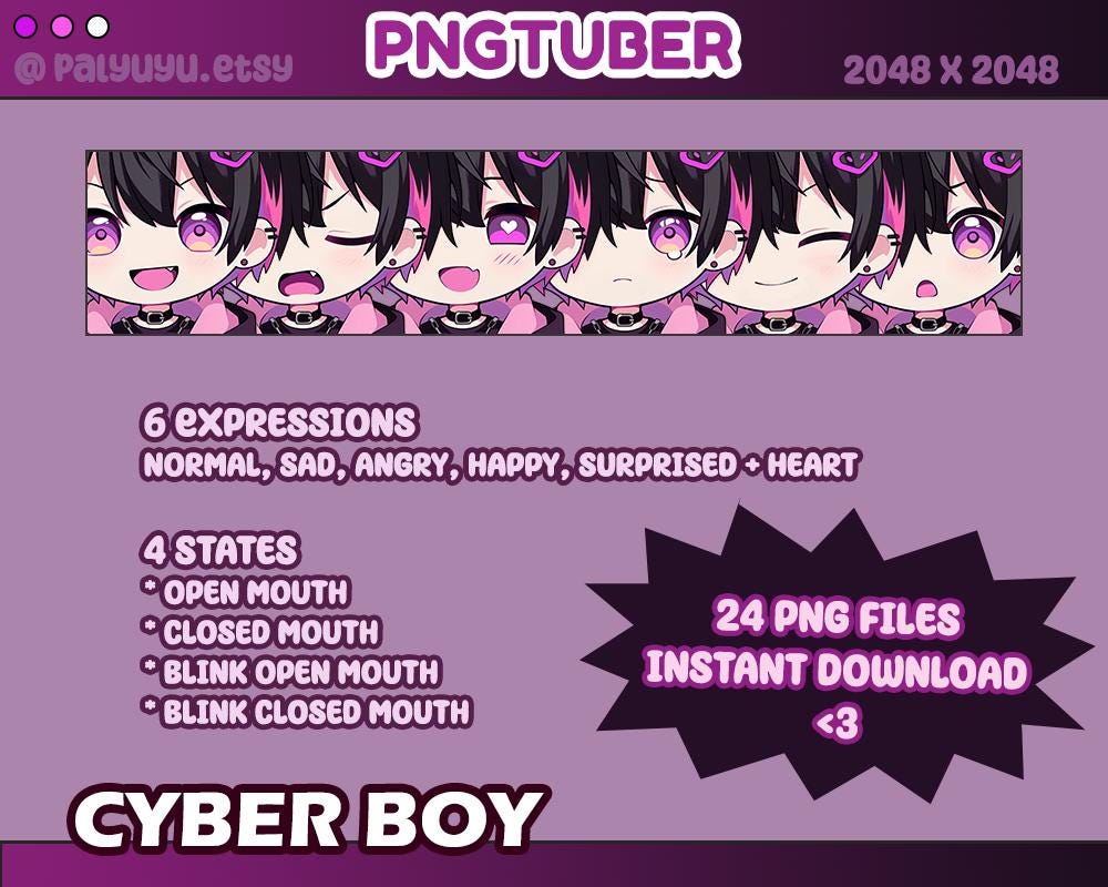 Cute Cyber Boy Pngtuber | Bundle | Purple Vtuber | Emotes | Ready to ...