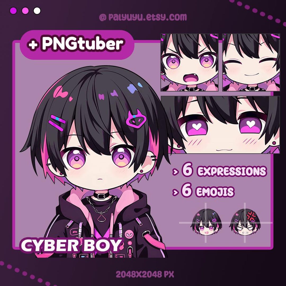 Cute Cyber Boy Pngtuber | Bundle | Purple Vtuber | Emotes | Ready to ...