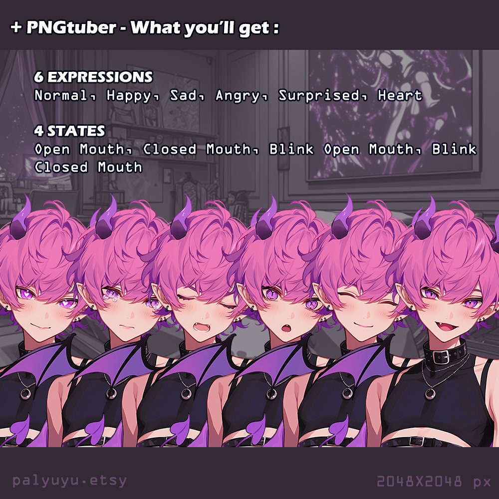 Cute Demon Boy Pngtuber | Bundle | Pink Hair Male Vtuber | Demon ...