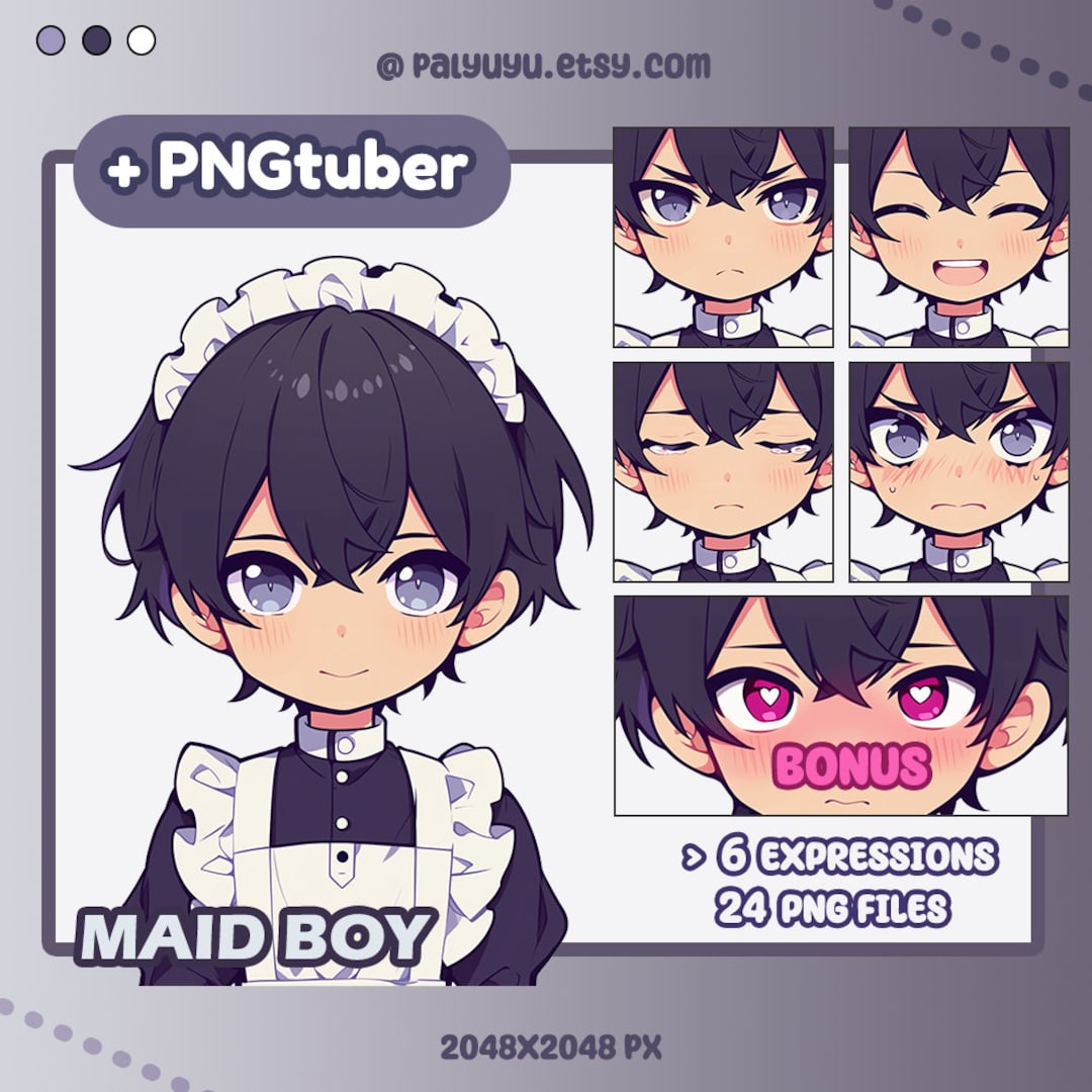 Cute Maid Boy Pngtuber | Black Hair Male Vtuber | Ready to Use | Chibi ...