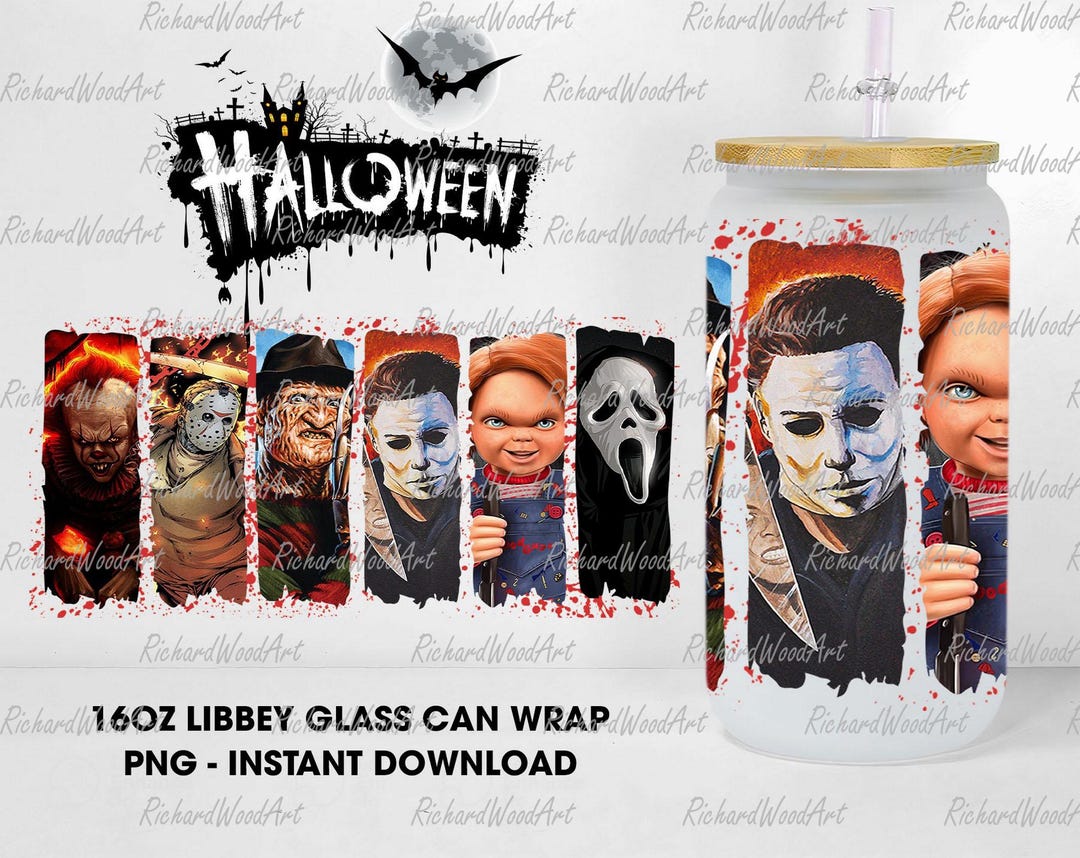 Horror Movie Halloween Glass Can Design Wrap, Killer Series Movie 16oz ...