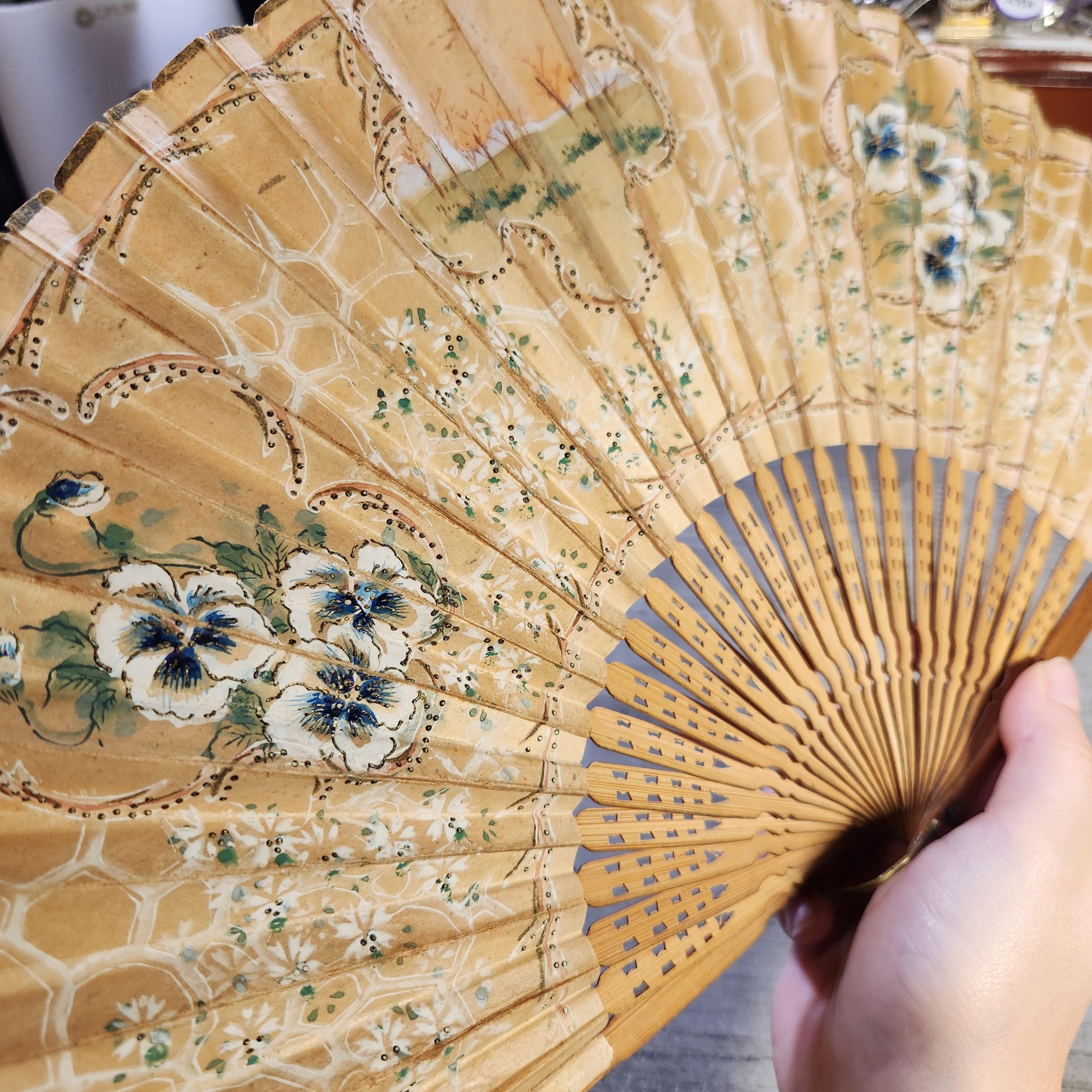 Real Victorian Era Folding Hand Fan 1800s Paper Fan Hand Painted Early ...