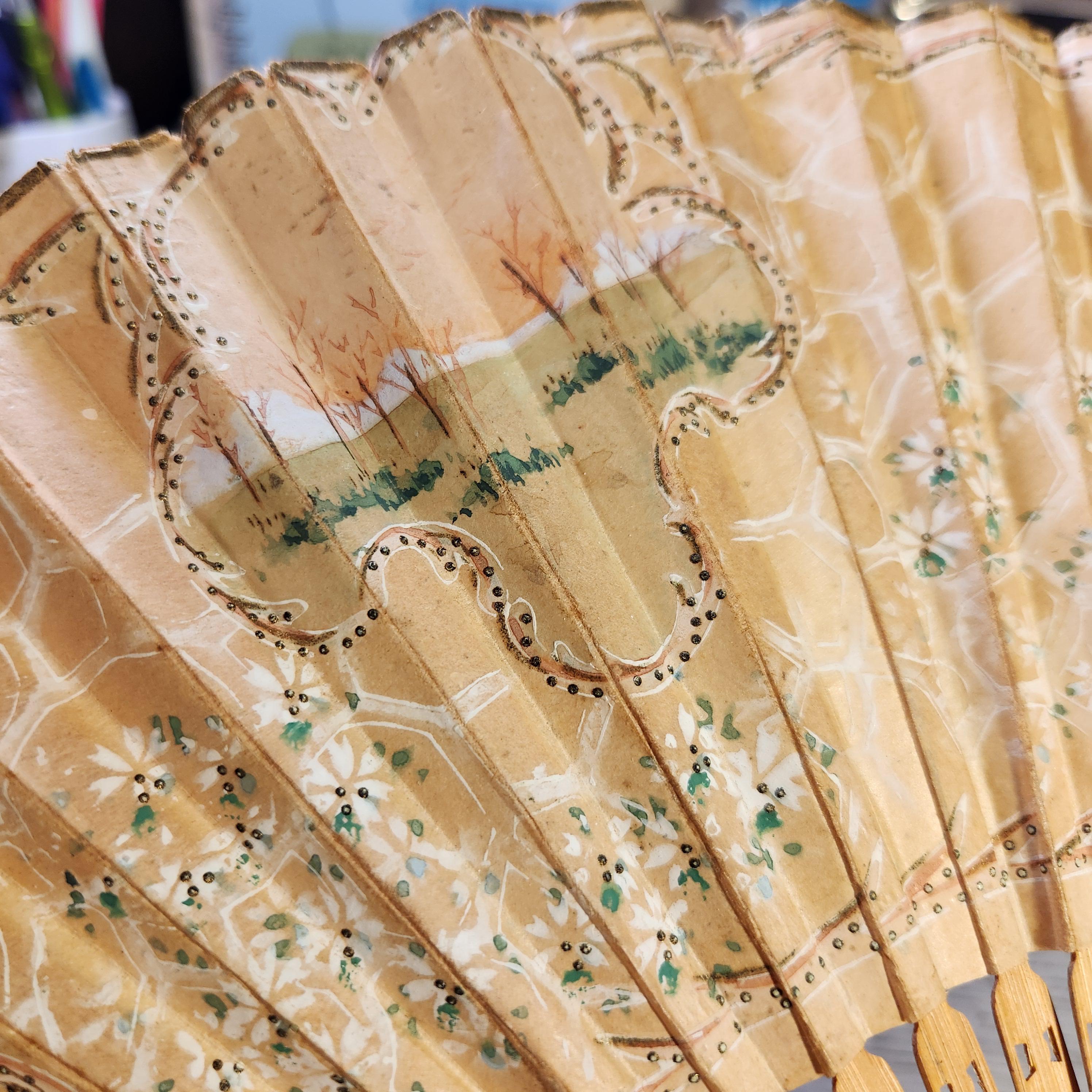 Real Victorian Era Folding Hand Fan 1800s Paper Fan Hand Painted Early ...