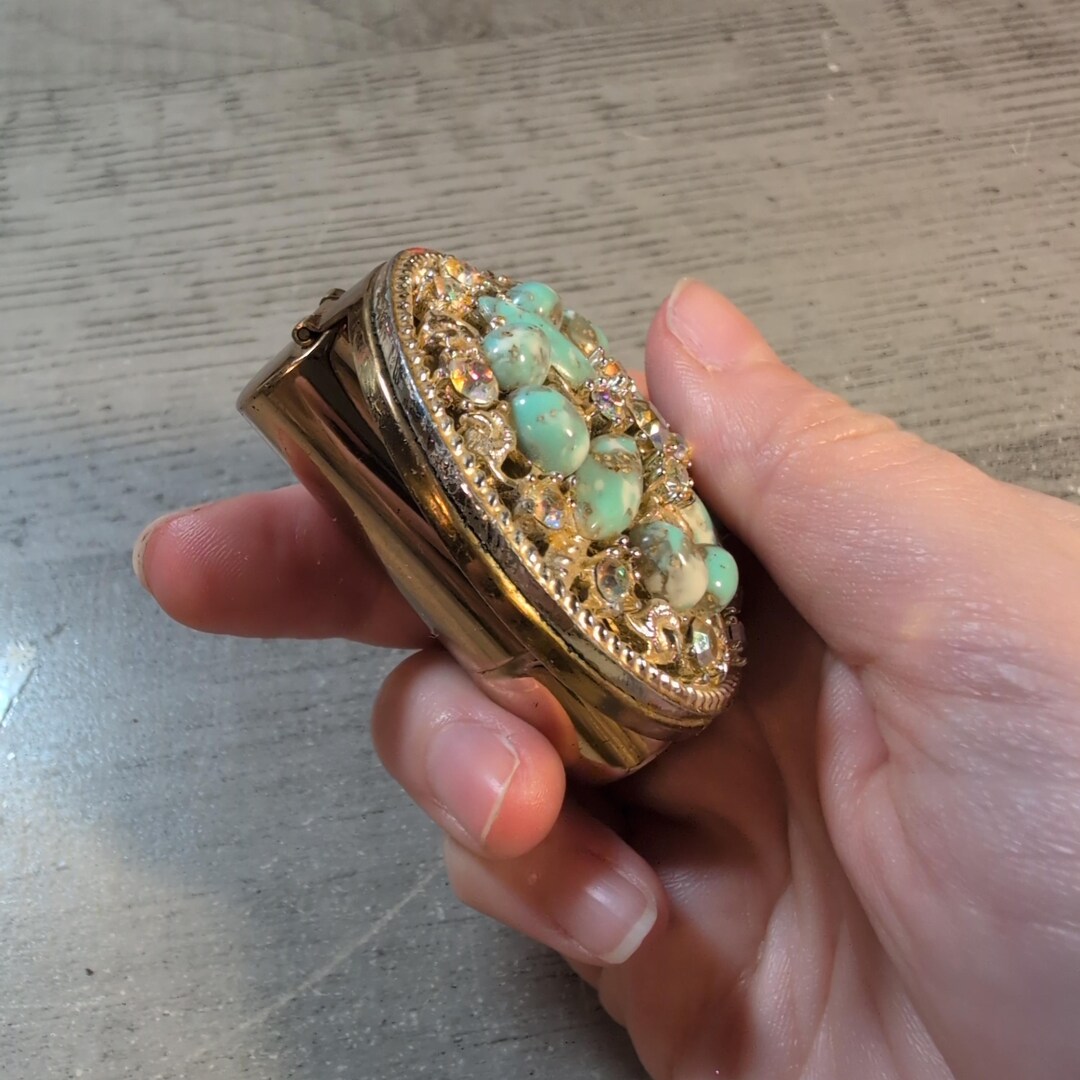 Vintage Lipstick With Mirror Compact Turquoise Rhinestones Refillable ...