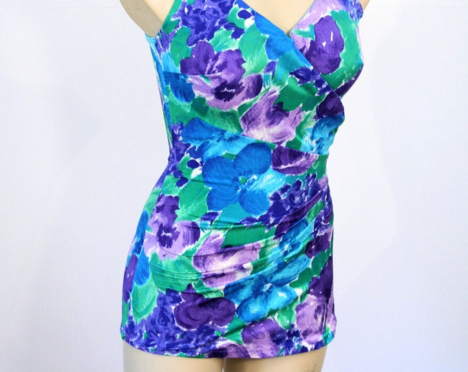 70s Swimsuit, Retro Swimsuit, Roxanne Swimsuit, Blue Purple Floral ...