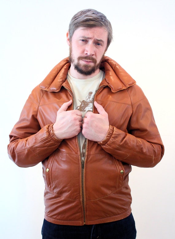60s Mod Leather Jacket 40 M L, Vintage Orange Tan "Gr… - Gem