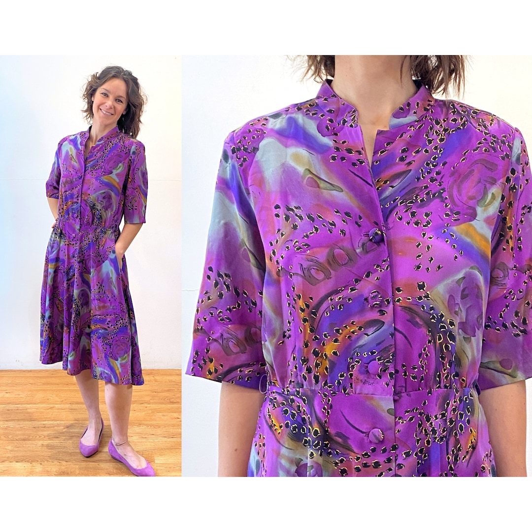 90s Purple Leopard Print Dress M L Vintage Colorful - Etsy