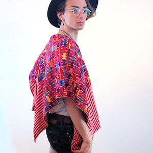 60s Colorful Mayan Poncho, Vintage Red Embroidered Woven Serape Mexican ...