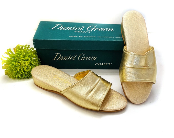 60s Daniel Green Gold Slippers 7, Vintage New Old Stock Metallic Slip ...