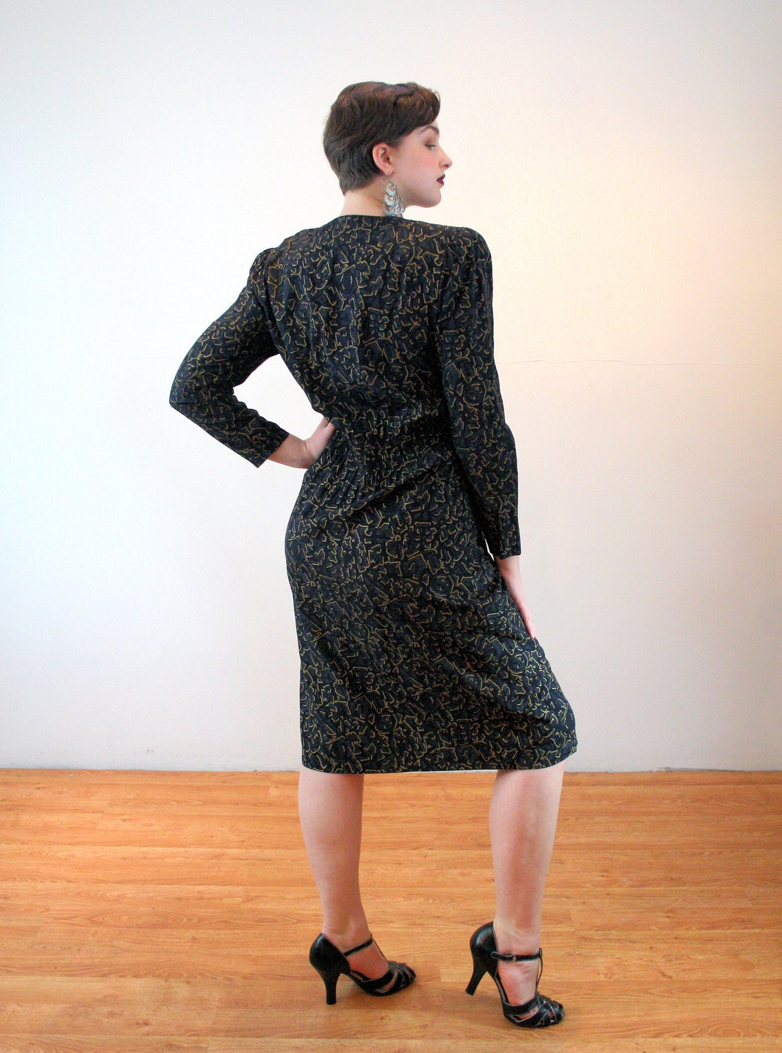 80s Black & Metallic Gold Dress M Vintage Abstract Print - Etsy