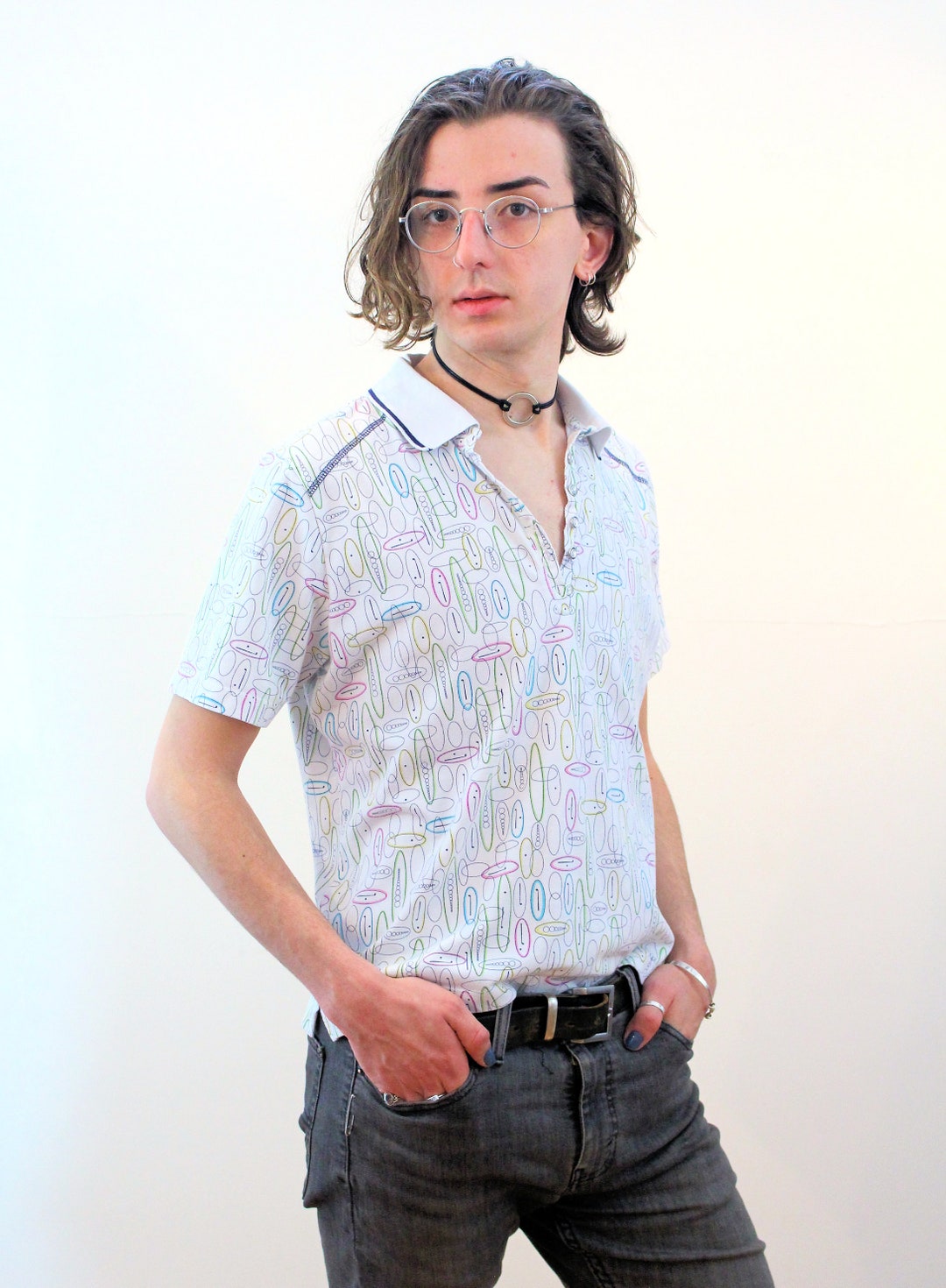 90s Atomic Print Polo Shirt M L, Vintage White Preppy Retro "coral Bay ...