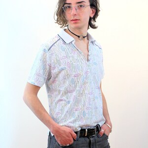 90s Atomic Print Polo Shirt M L, Vintage White Preppy Retro "coral Bay ...