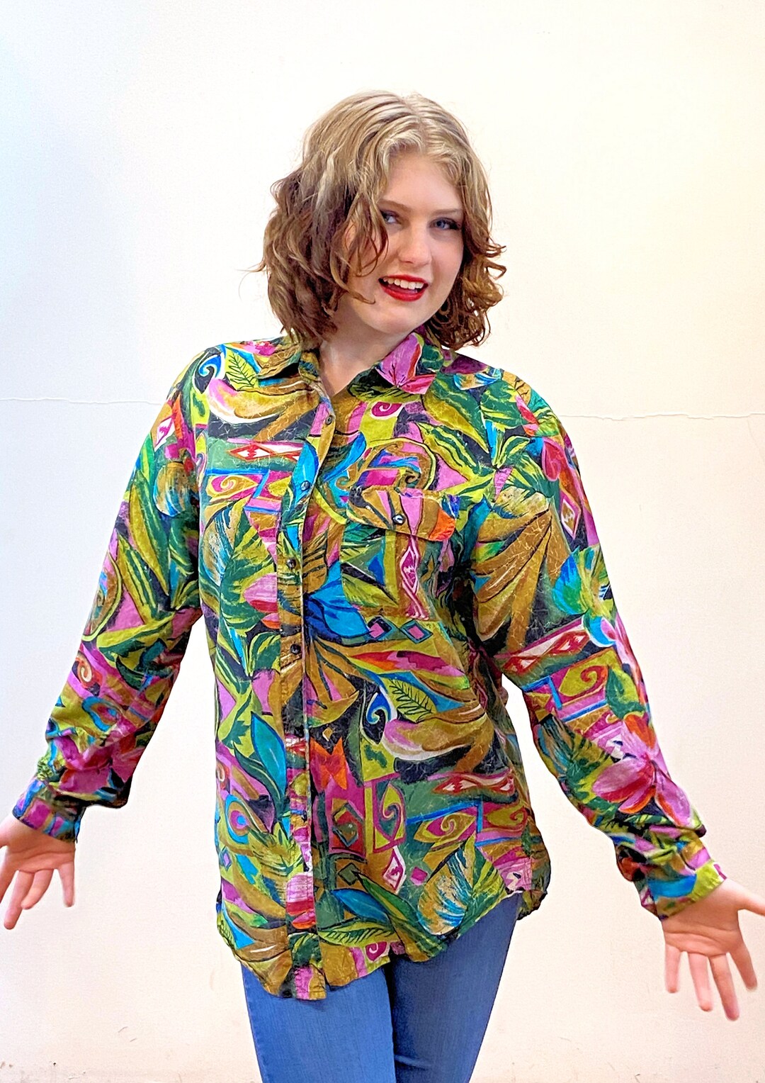 90s Diane Gilman Blouse M, Vintage Chartreuse Pink Colorful Sand Washed ...