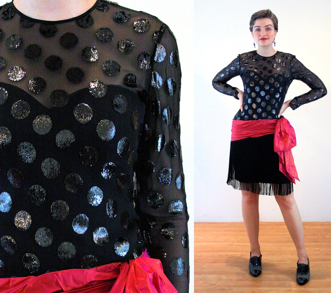 80s Iridescent Flapper Dress S, Vintage Black Pink Deadstock Silk Polka ...