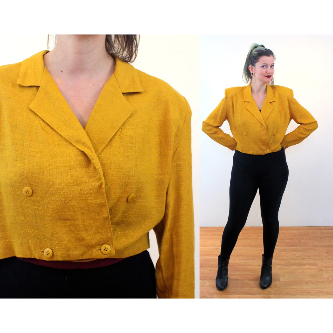 80s Yellow Linen Jacket M, Vintage Mustard Golden Orange Boxy Cropped ...