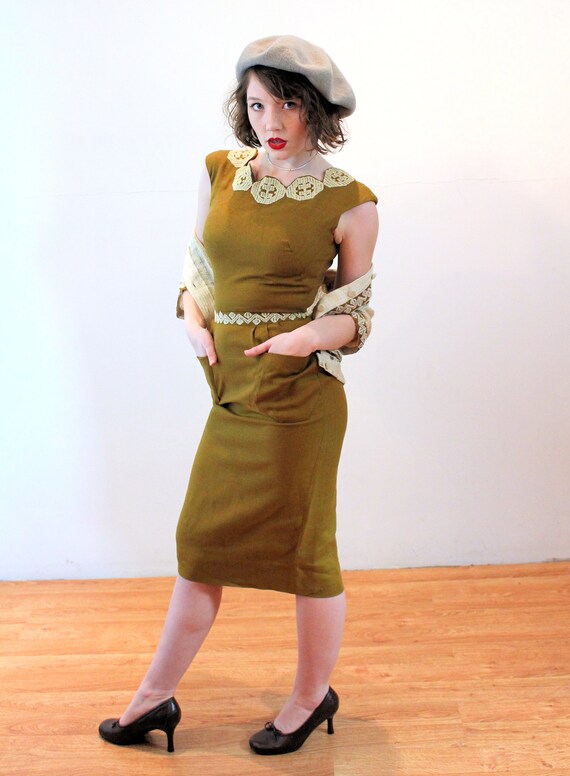 50s Irish Linen Dress and Jacket Set XS, Vintage Brow… - Gem