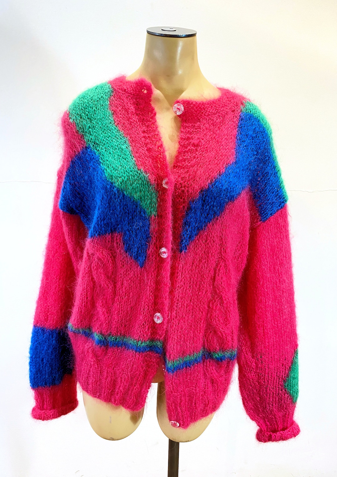 80s Mohair Colorblock Cardigan M, Vintage Hot Pink Green Blue Abstract ...