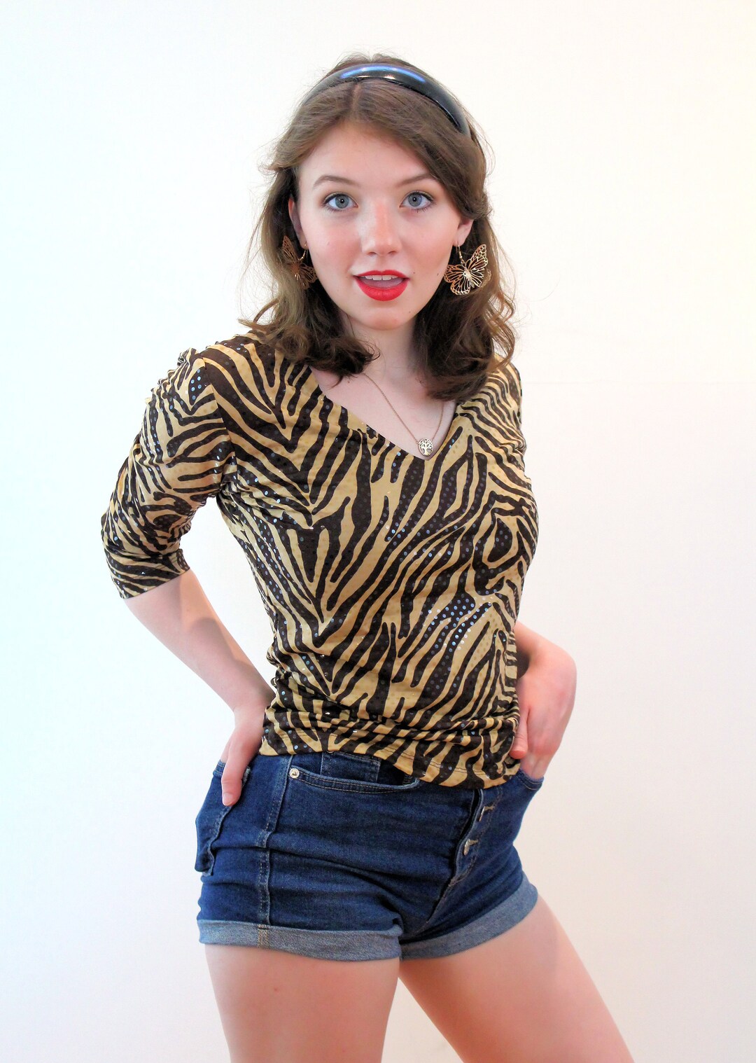 90s Tiger Print Glitter Top XS, Vintage Glam Shimmery Paillettes Dots ...