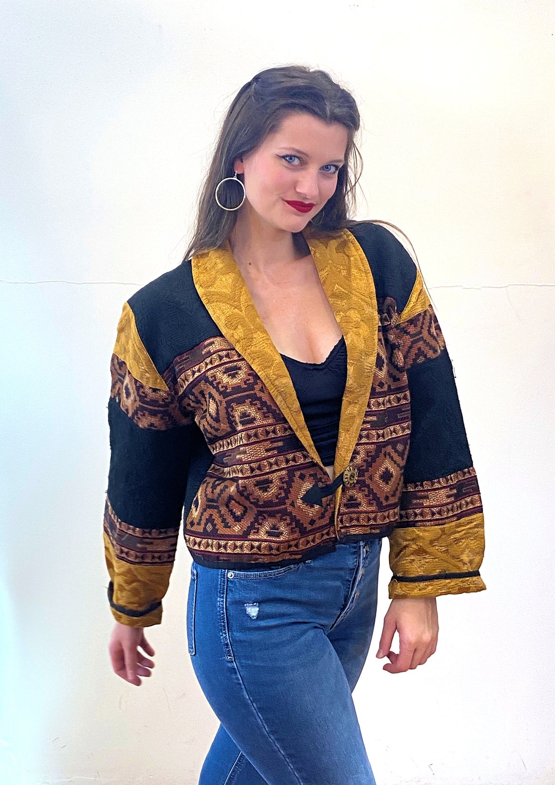 90s Boho Tapestry Jacket M, Vintage "flashback" Brown Black ...