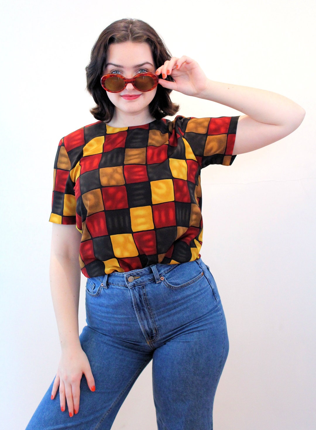 90s Checkered Colorblock Top S, Vintage Brown Red Yellow notations ...