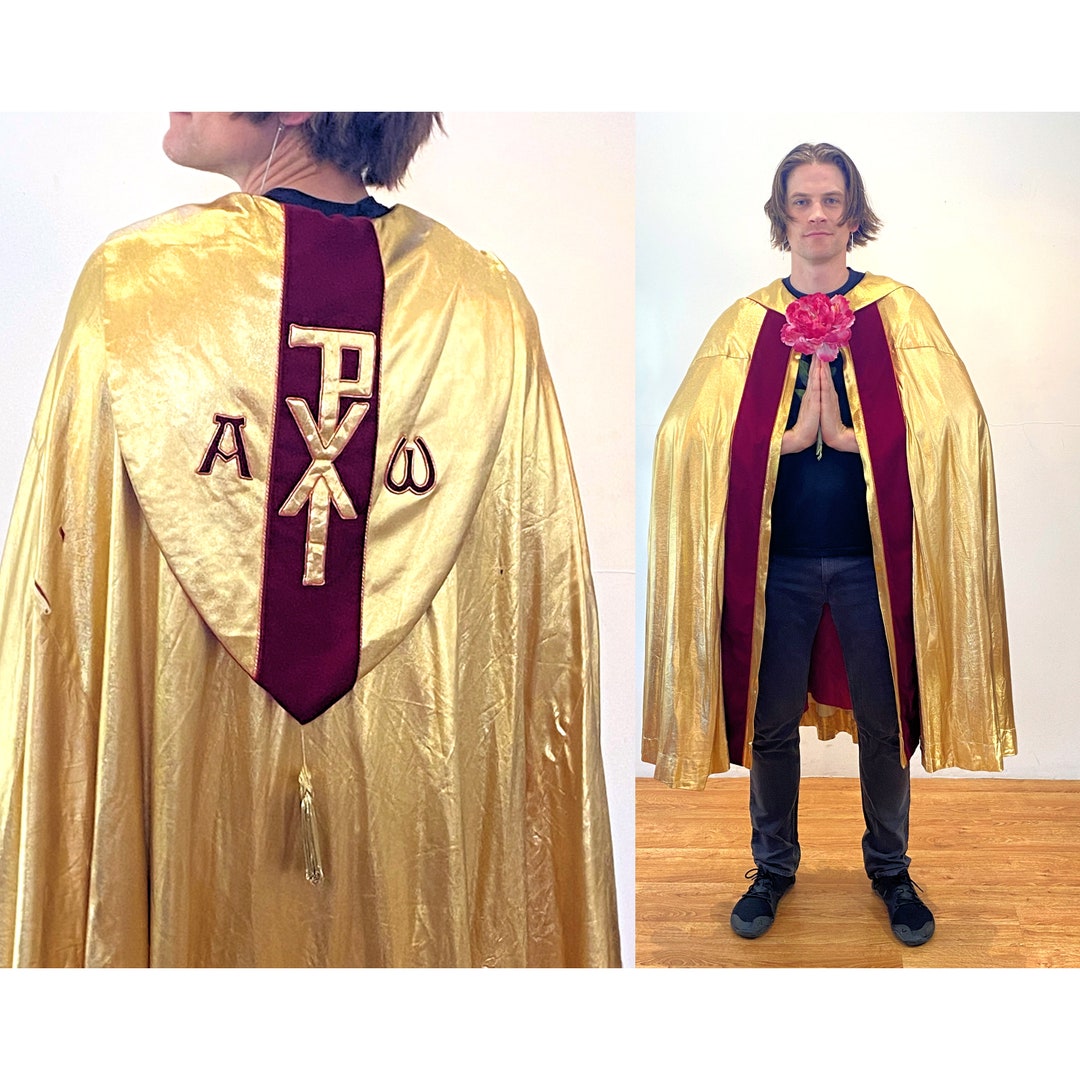 70s Catholic Liturgical Cope, Vintage Gold Metallic Red Velvet Chi-ro ...