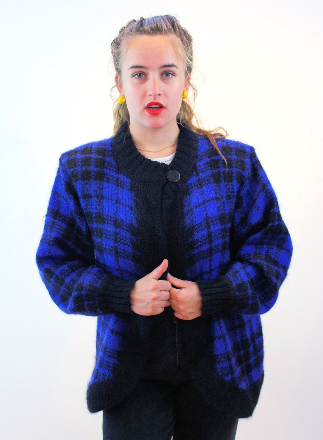 90s Blue Buffalo Plaid Cardigan M, Vintage Mohair Blend "jilly Knits ...