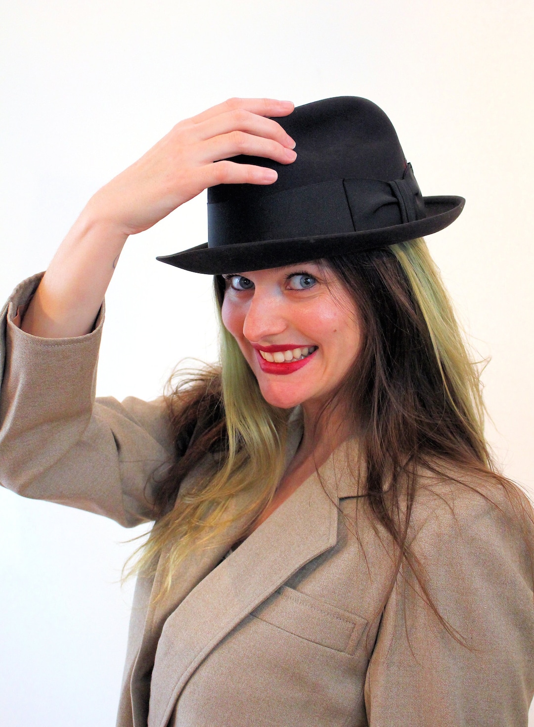 40s knox Twenty Fedora 7-1/8, Vintage Black custom Edge Red Feather ...