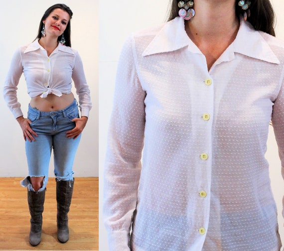 70s White Dotted Swiss Shirt S XS, Vintage Mod Pointy… - Gem