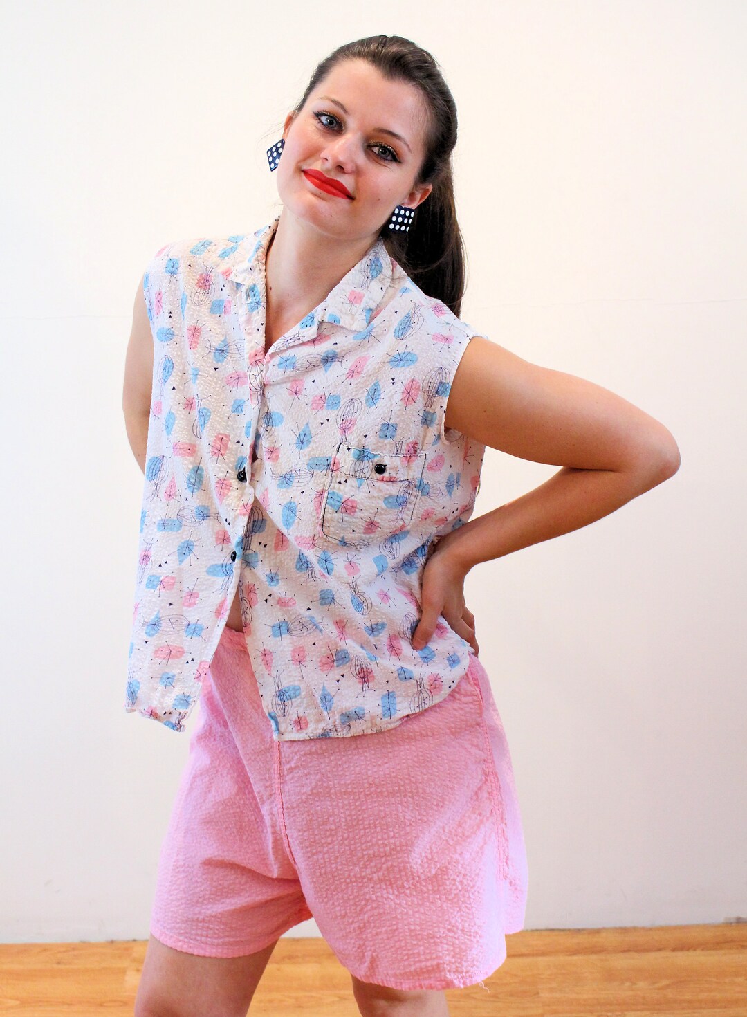 50s Shorts Romper Set M, Vintage Atomic Print MCM Blue Pink 1950s Mid ...