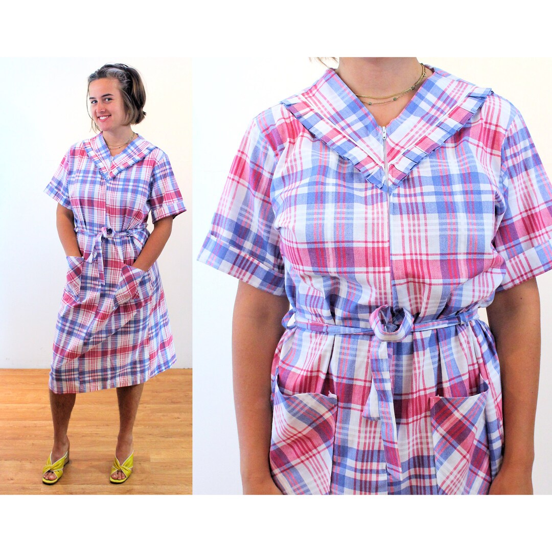 80s Plaid Housedress L, Vintage Pink Blue Zip up Retro improved Living ...
