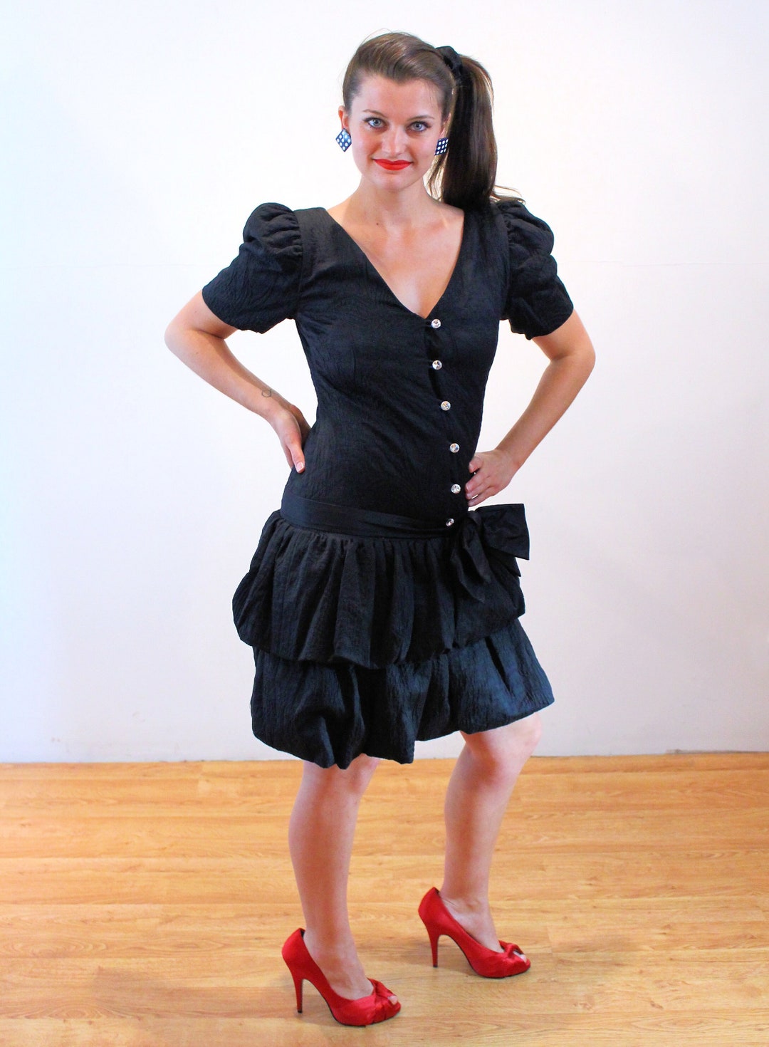 80s Black Bubble Dress S, Vintage Plisse Crystal Buttons Formal Prom ...