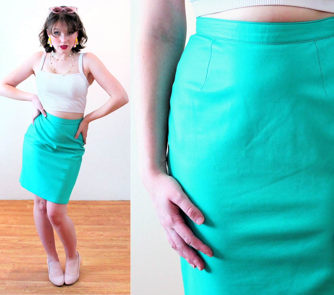 80s Turquoise Leather Skirt XS, Vintage cache Italy Butter Soft Blue ...