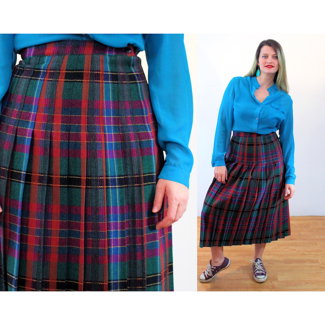80s Colorful Plaid Skirt M Vintage Pink Green Blue - Etsy