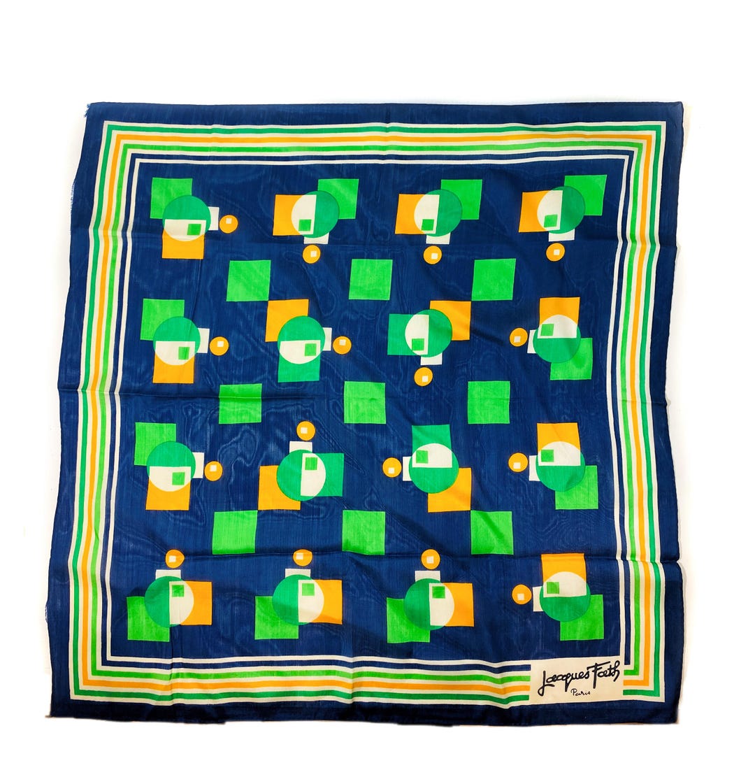 70s Jacques Fath Scarf, Vintage Op Art Mod Squares Circles Print Silk ...