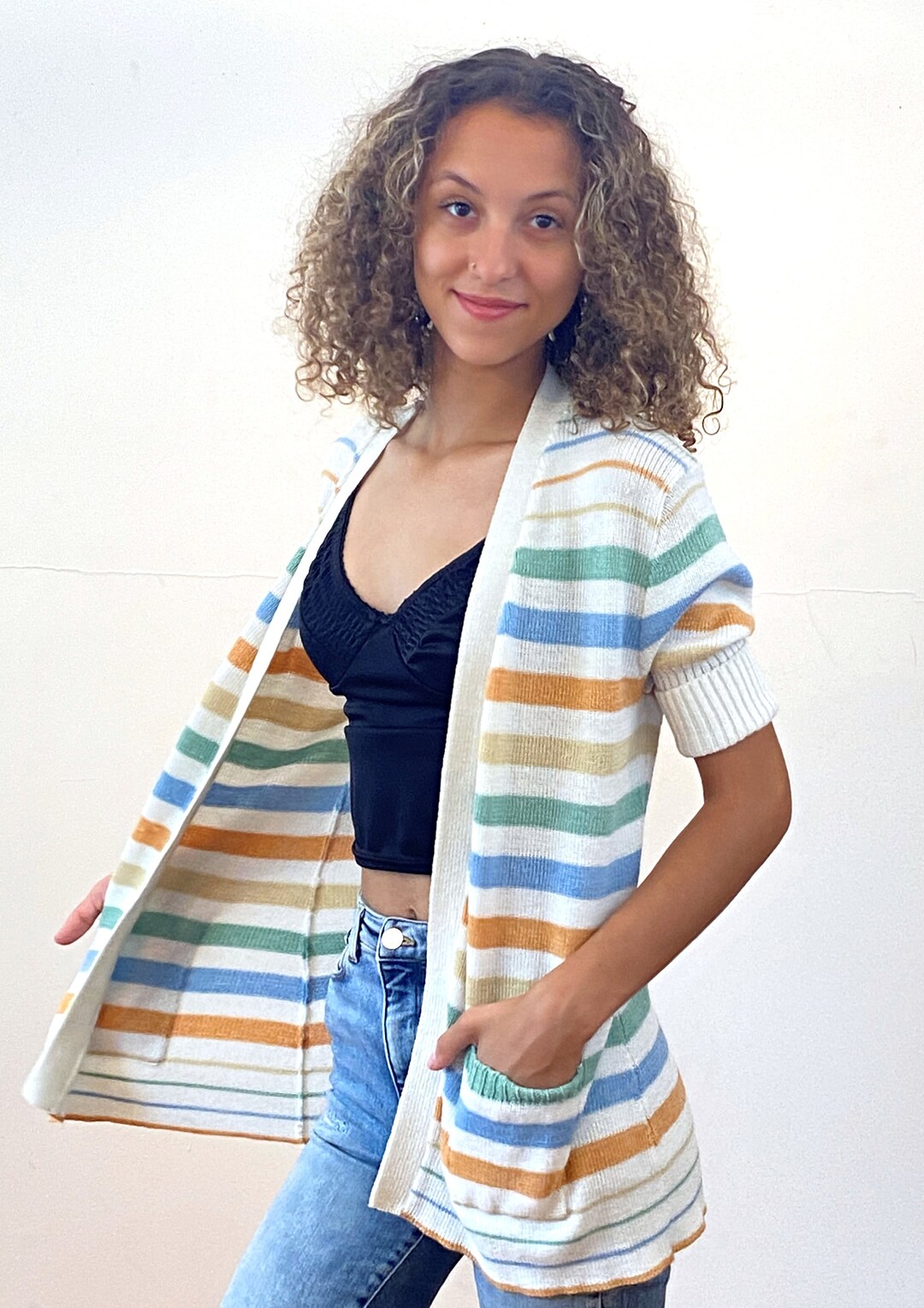 70s Striped Knit Cardigan S, Vintage Pastel Short Sleeve Multicolor ...