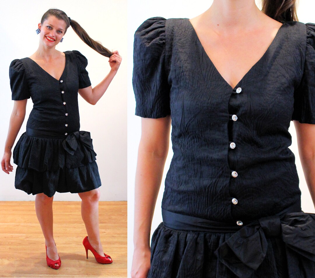 80s Black Bubble Dress S, Vintage Plisse Bow Crystal Buttons Details ...