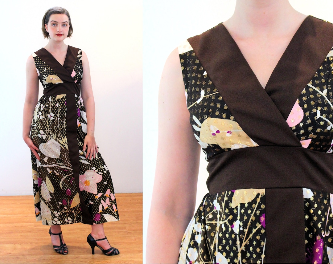 70s Metallic Mod Maxi Dress S Vintage Gold Floral Dotted - Etsy