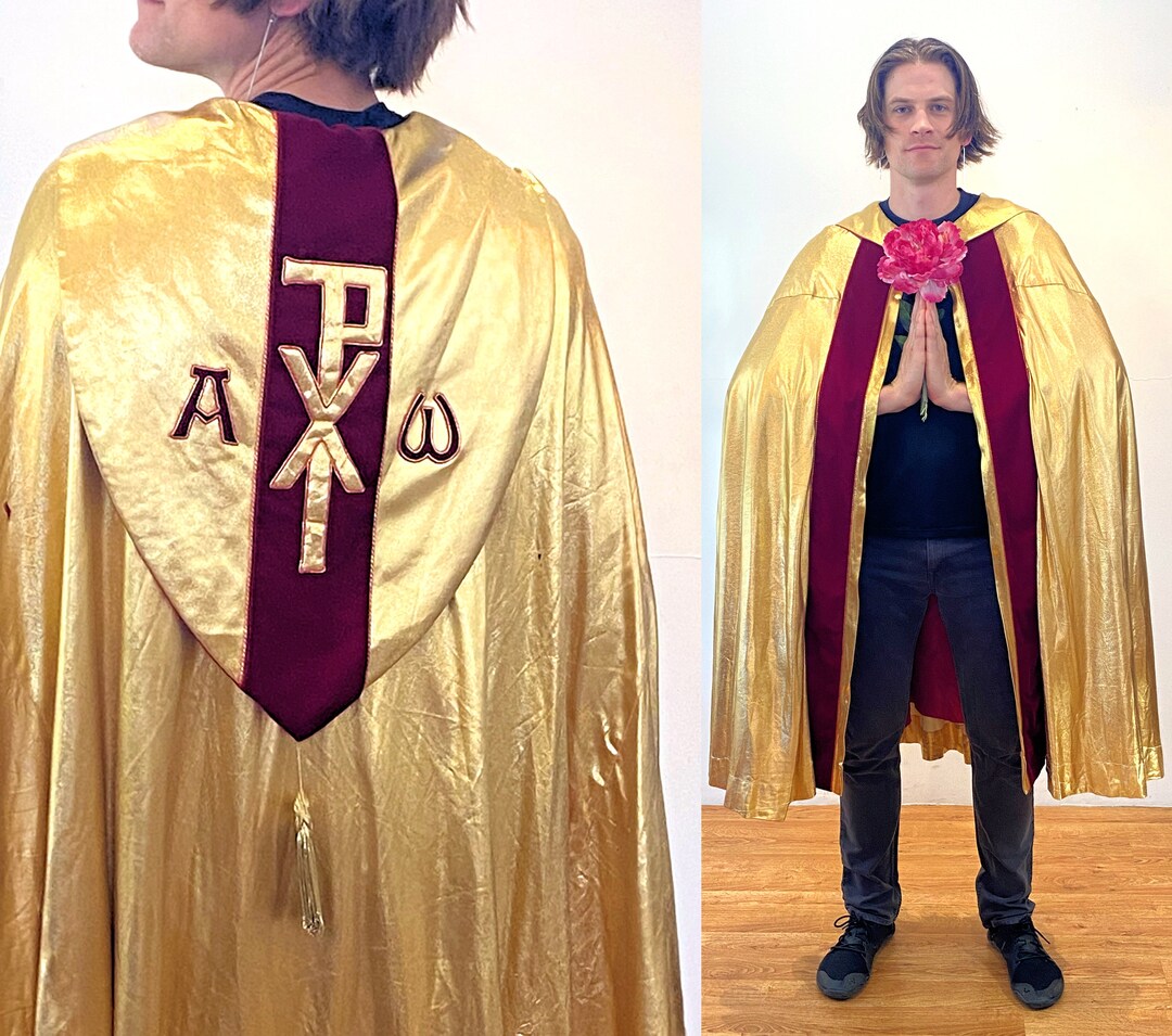 70s Catholic Liturgical Cope, Vintage Gold Metallic Red Velvet Chi-ro ...