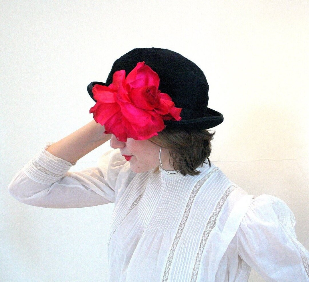 80s Black Fur Felt Hat With Big Pink Flower S M, Vintage British ...
