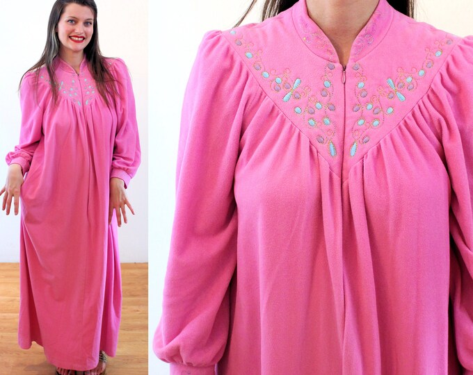 70s "vanity Fair" Pink Fleece Nightgown S, Vintage Embroidered Cozy ...