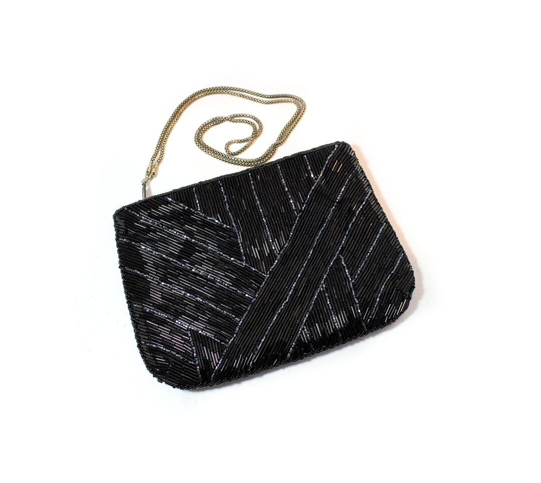 80s Beaded Black Bag, Vintage Glam Deco "genie" Snake Chain Evening ...