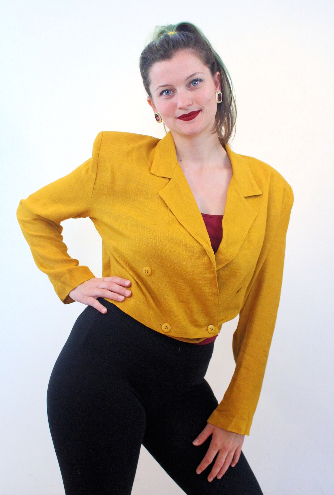 80s Yellow Linen Jacket M, Vintage Mustard Golden Colorful Boxy Cropped ...