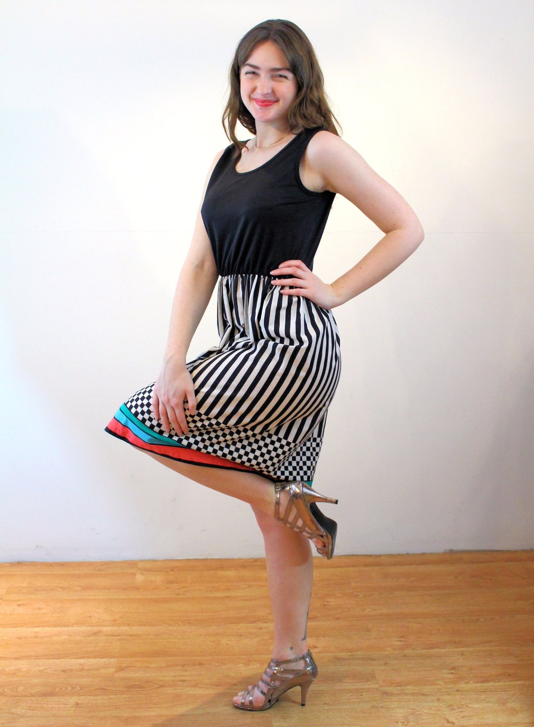 80s Memphis Style Dress S M, Vintage Black White Stripe Funky "toni ...
