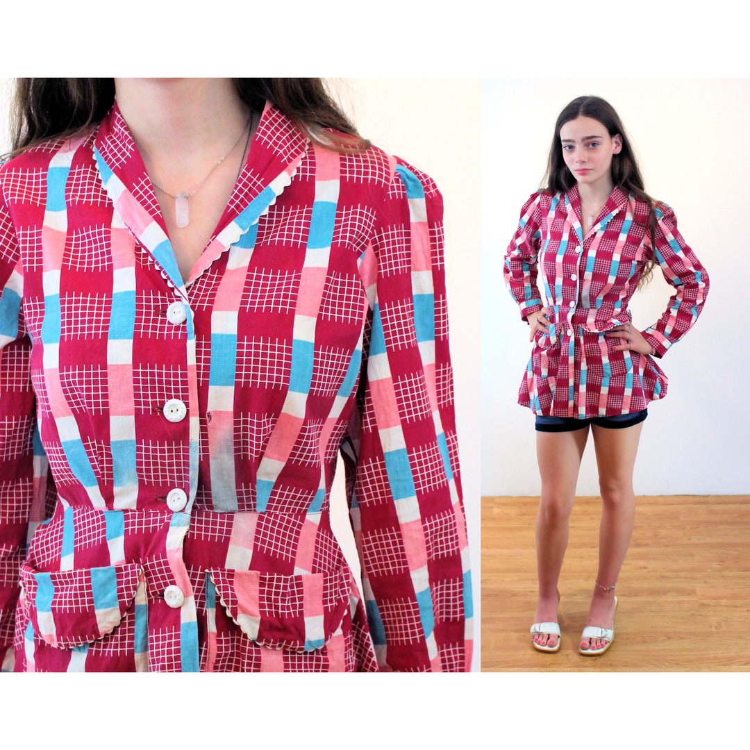 1940s Novelty Plaid Jacket XS, Vintage Pink Blue White Print monte ...