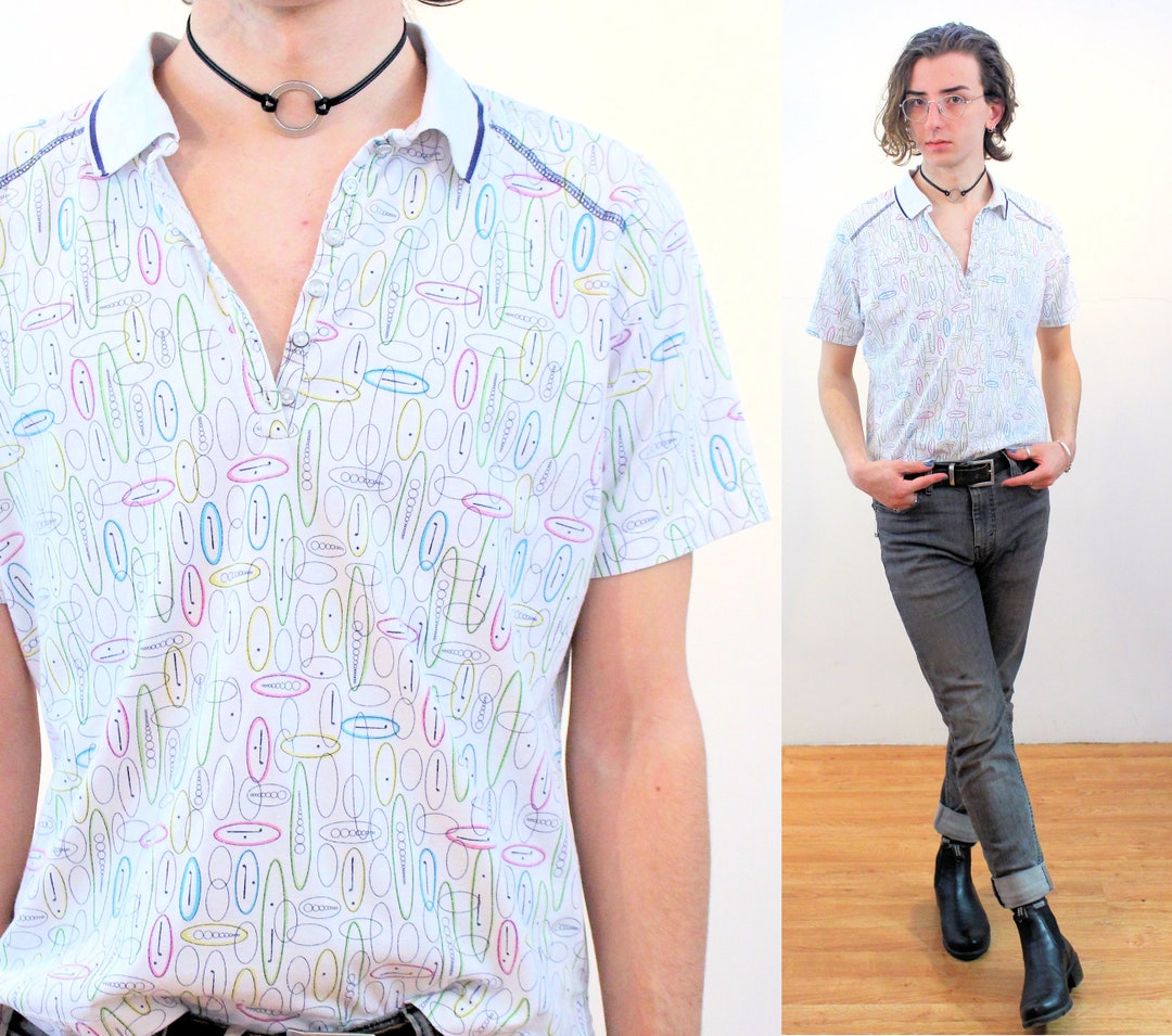 90s Atomic Print Polo Shirt M L, Vintage White Preppy Retro coral Bay ...