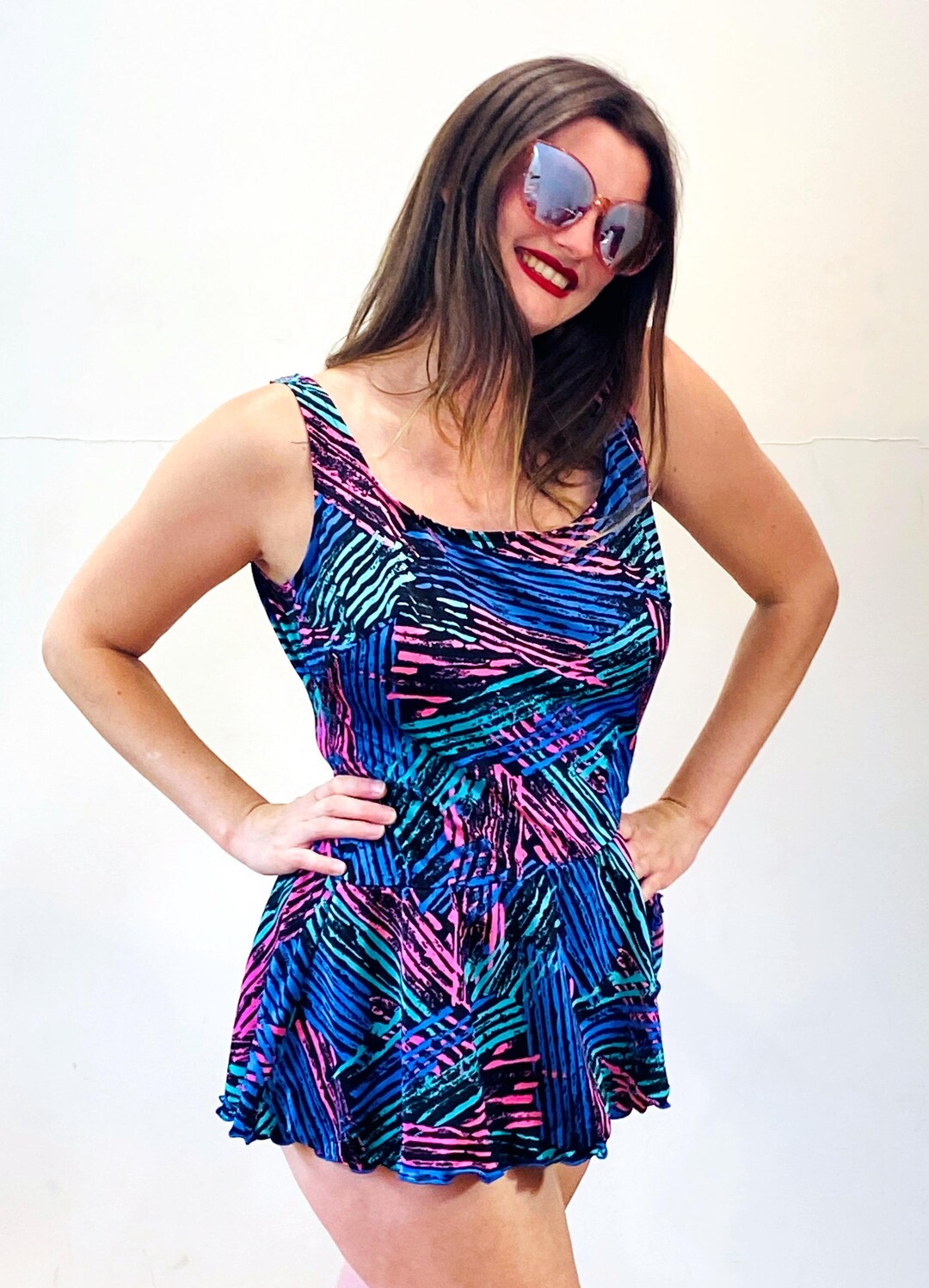 80s Skirted Swimsuit M L, Vintage "robby Len" Rave Stripe Print Blue ...