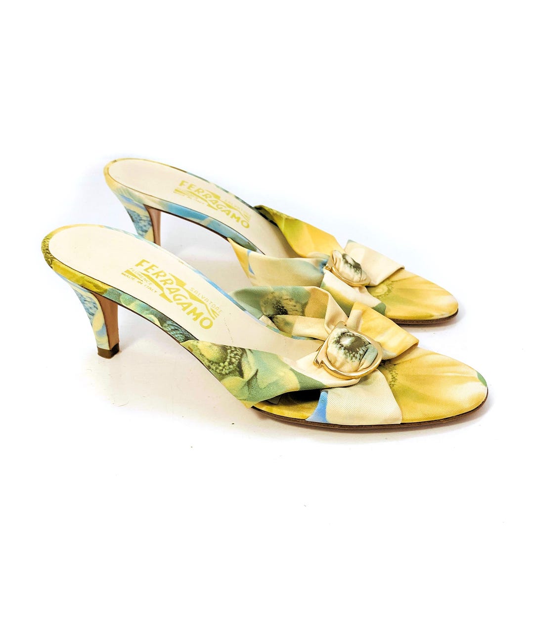 90s Salvatore Ferragamo Sandals 7C, Vintage Yellow Silk Strappy Gold ...