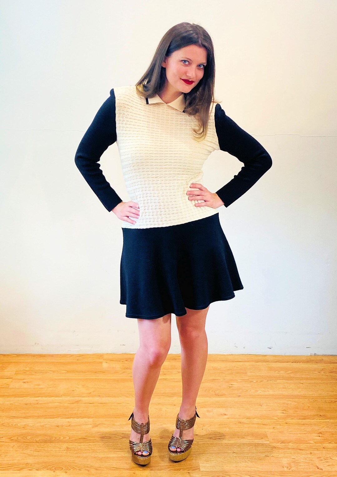 80s Courreges Dress M, Vintage Designer Cream Black Wool Knit Mod Two ...